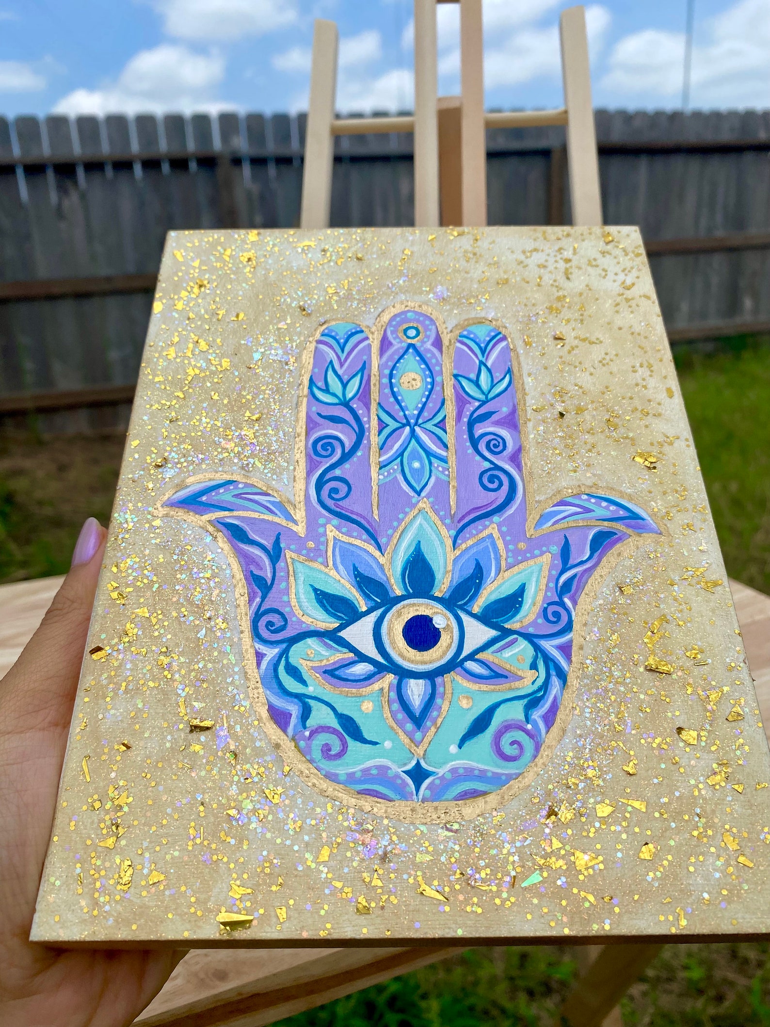 Gold Hamsa Painting Hand of Fatima Art, Blue Purple Hamsa Art, Gold ...