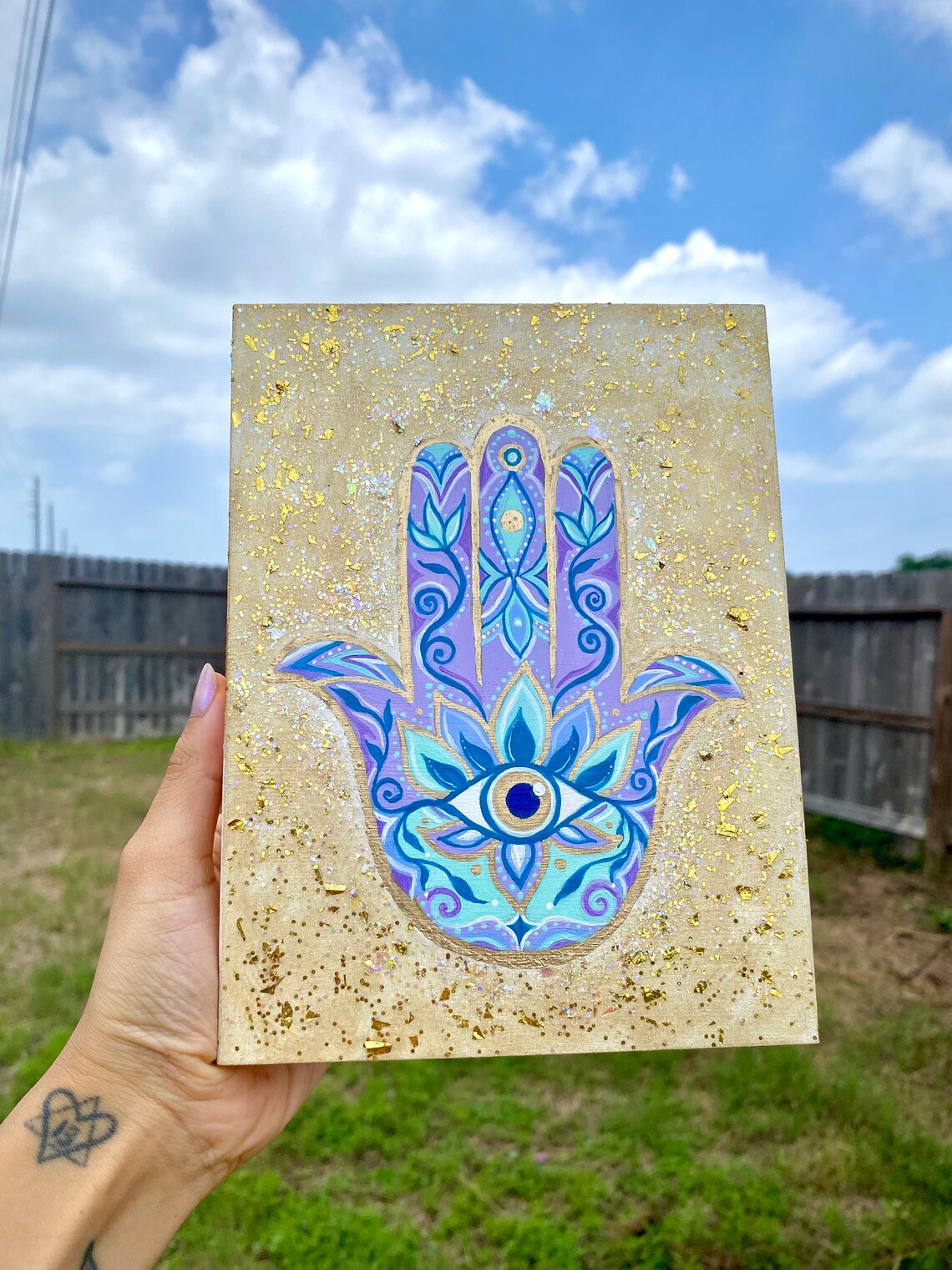 Gold Hamsa Painting Hand of Fatima Art, Blue Purple Hamsa Art, Gold ...