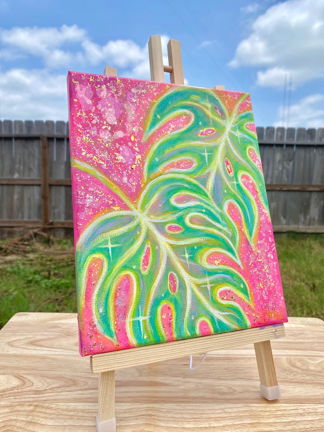 Glitter Monstera Painting | Original Mini Painting | Pink Glitter ...