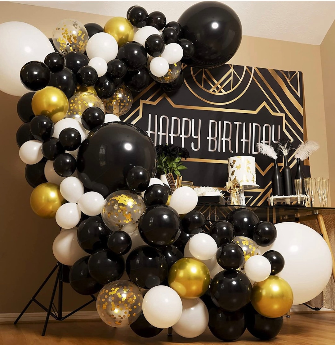 Graduation Balloon Garland Kit Black White Gold Anniversary or Birthday ...