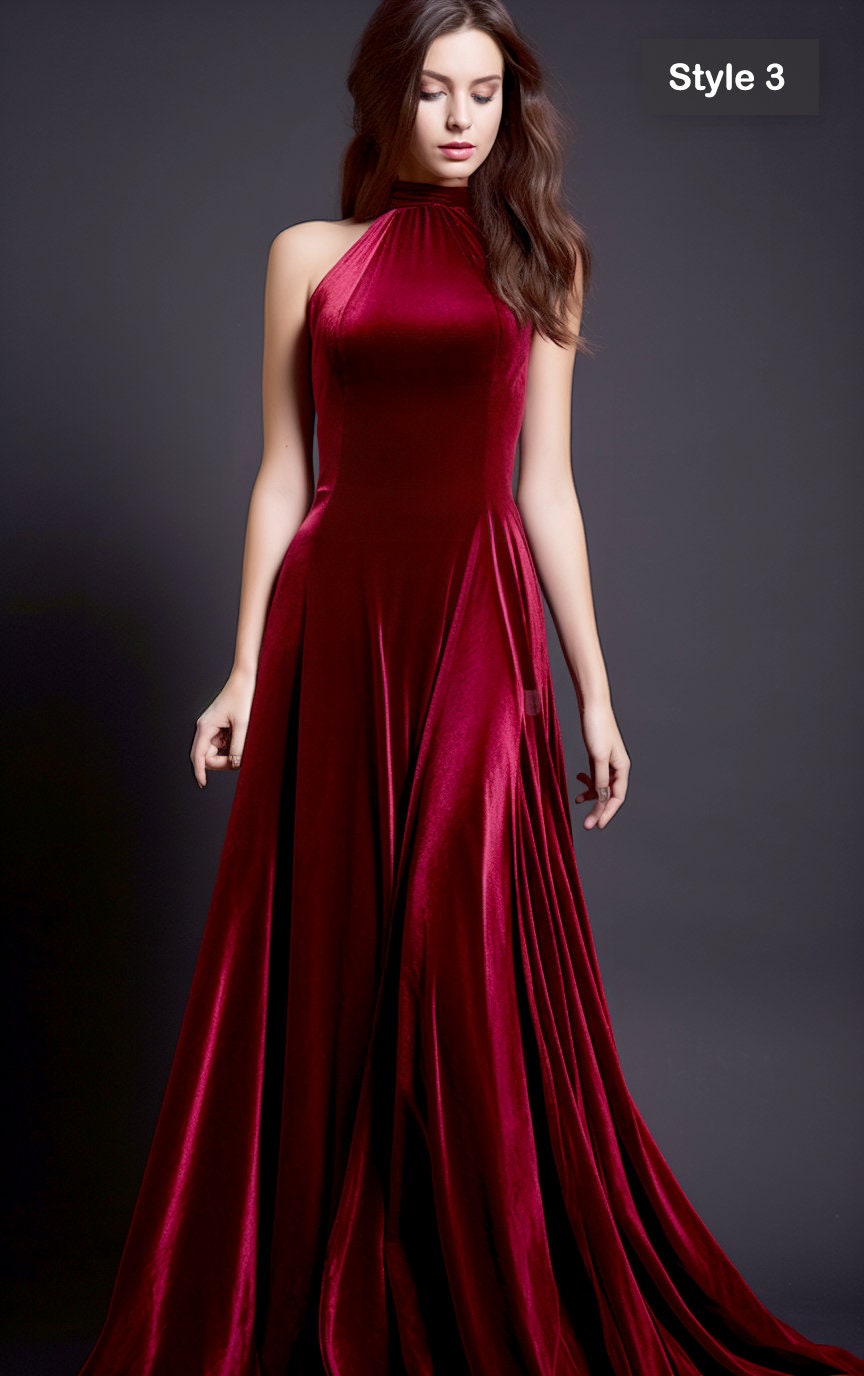 Custom Maroon Velvet Maxi Dress Retro Glam Bridesmaid Gown and Refined ...