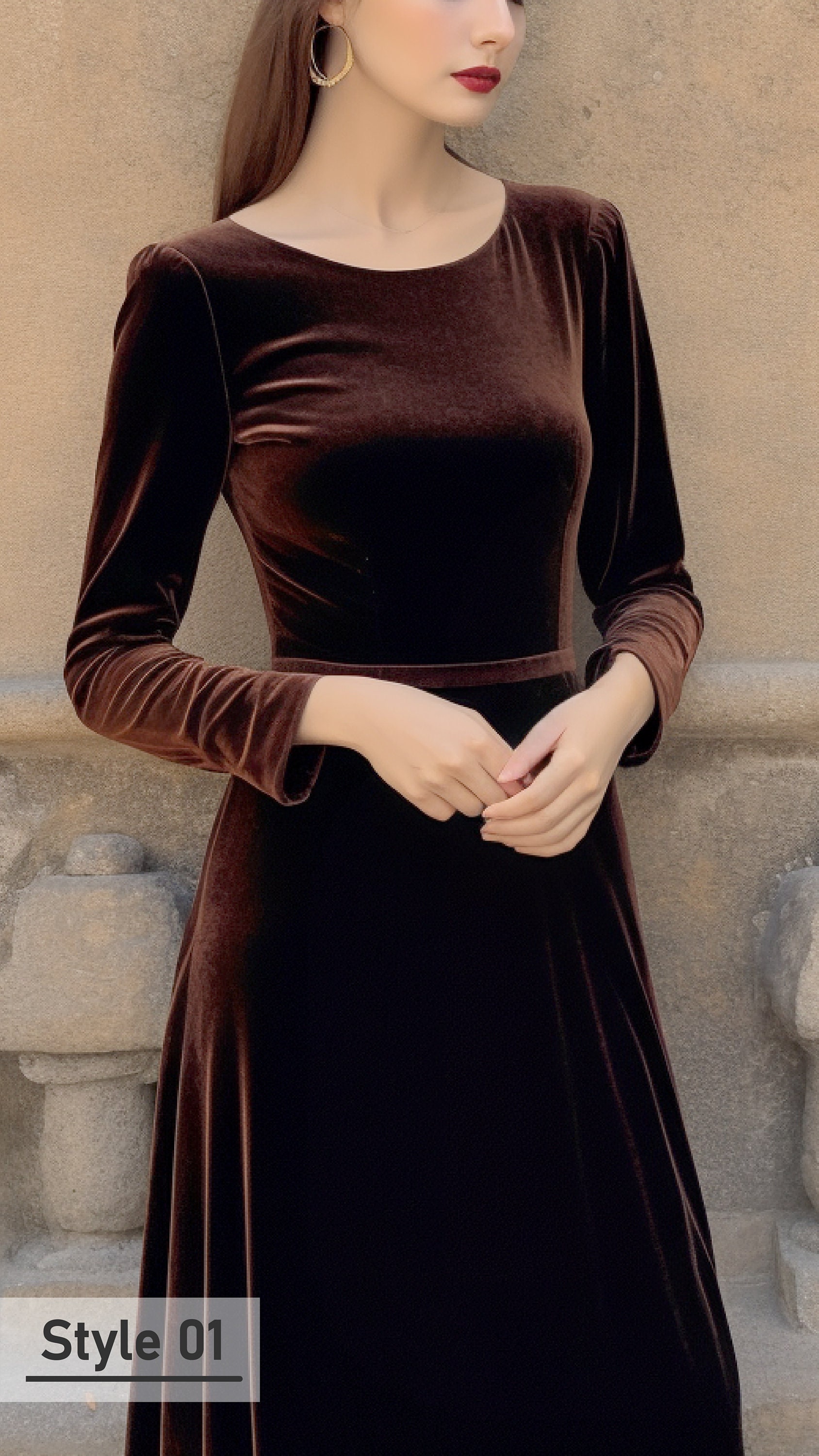 Chic Velvet Midi Dress Boat Neck, Full Fitted Sleeves, Closed Back ...