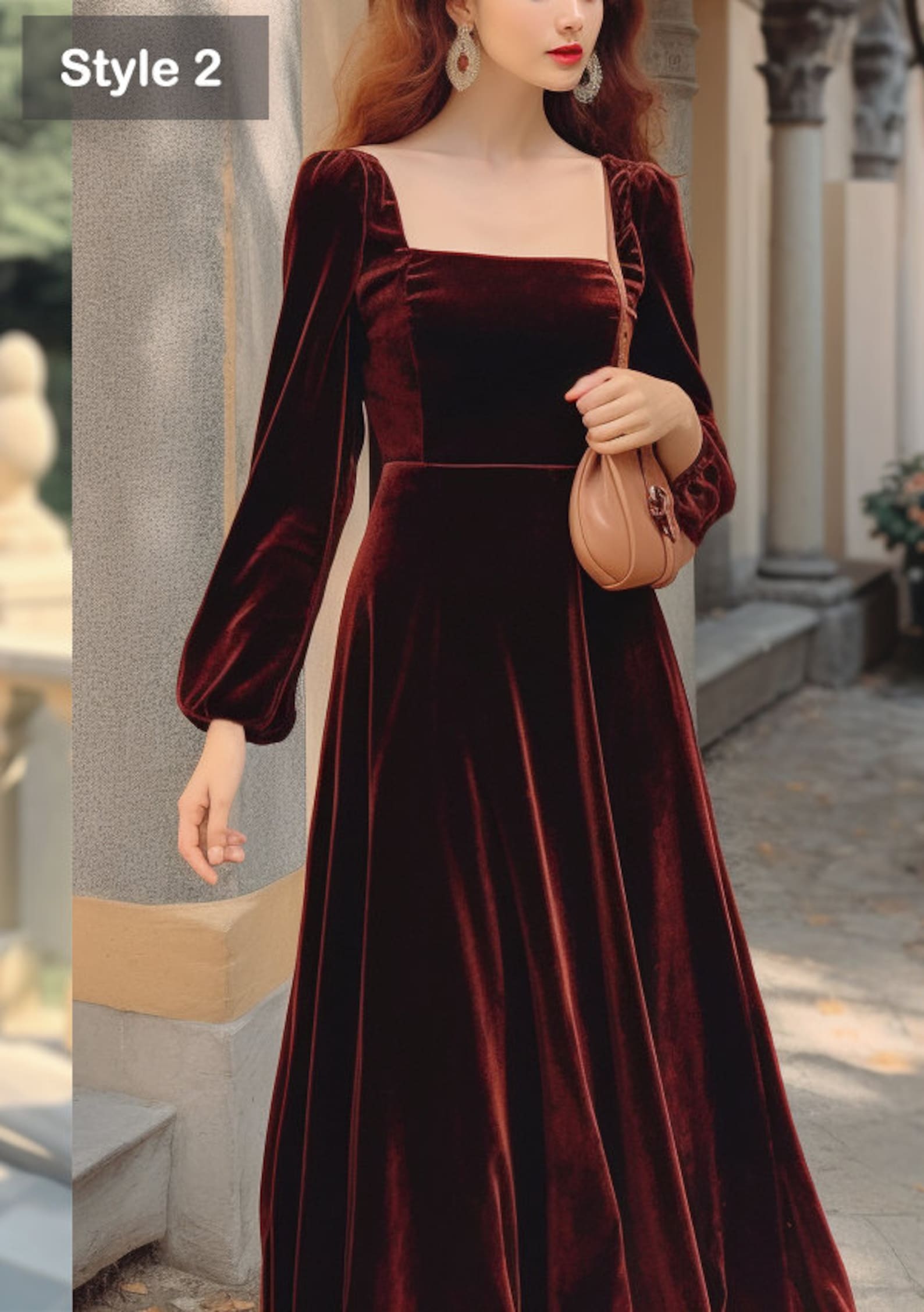Chic Midi Velvet Dress With Puff Sleeves and Square Neckline - Closed ...
