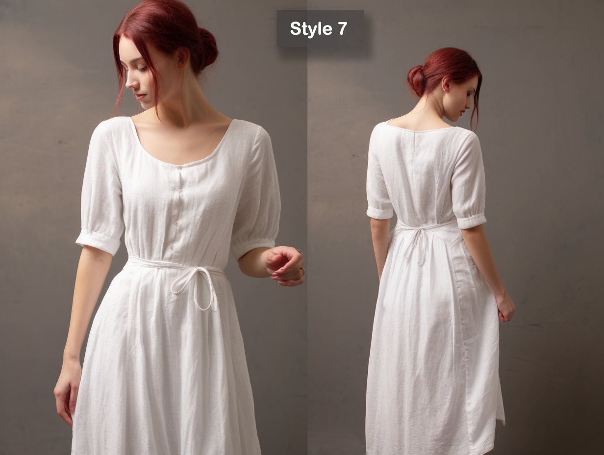 Handmade Modest White Linen Wedding Dress Midi Summer Dress Women's ...