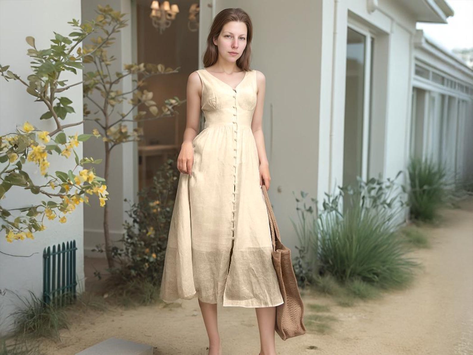 Linen Midi Dress With Button Front and Back Bow – Sleeveless V-neck ...