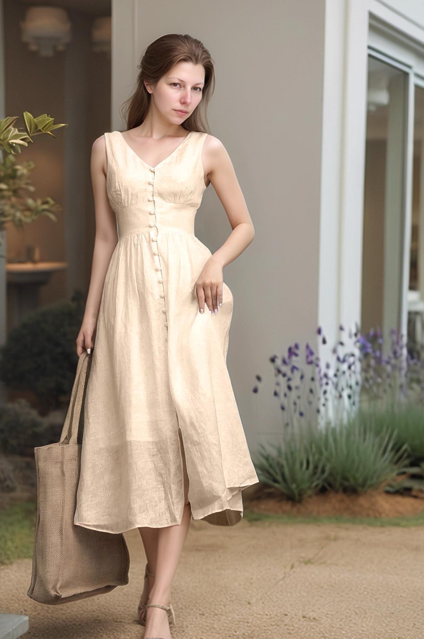 Linen Midi Dress With Button Front and Back Bow – Sleeveless V-neck ...