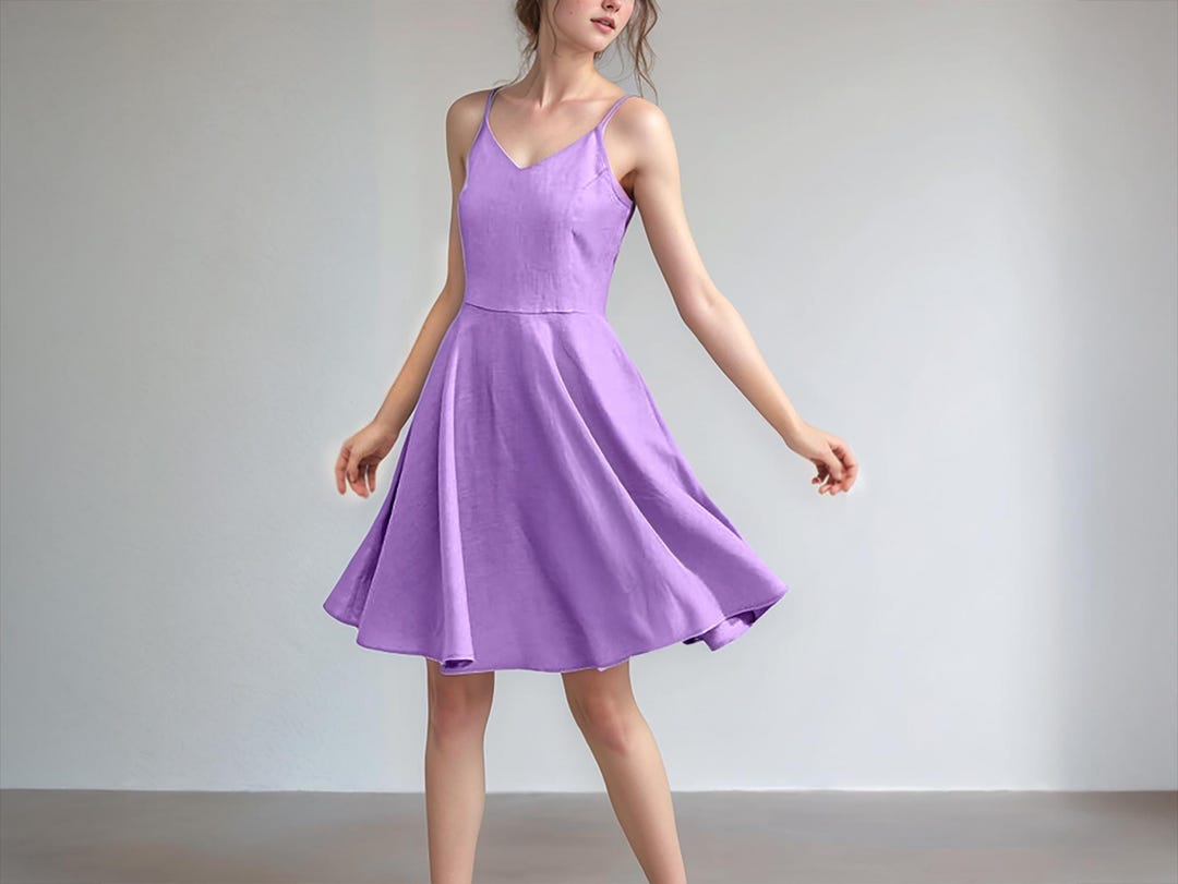Custom Lavender Linen Flare Dress, Spaghetti Strap Fit and Flare ...