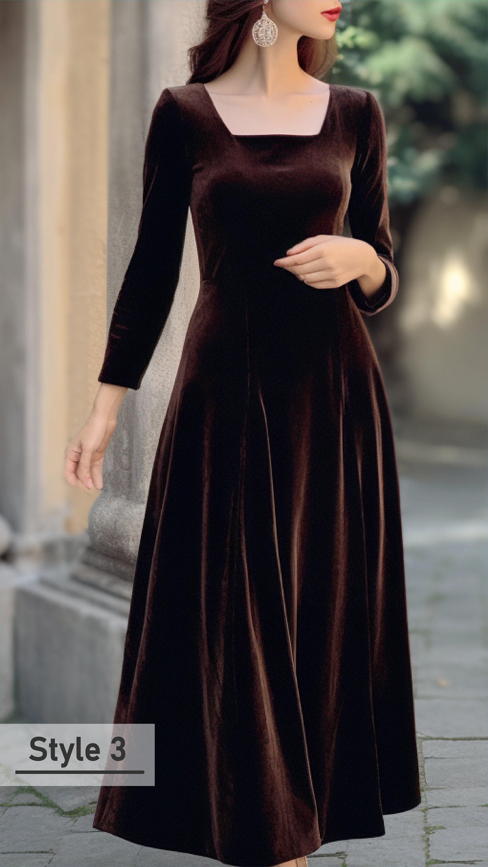 Elegant Velvet Maxi Dress, Square Neck, Full Fitted Sleeves, Closed ...