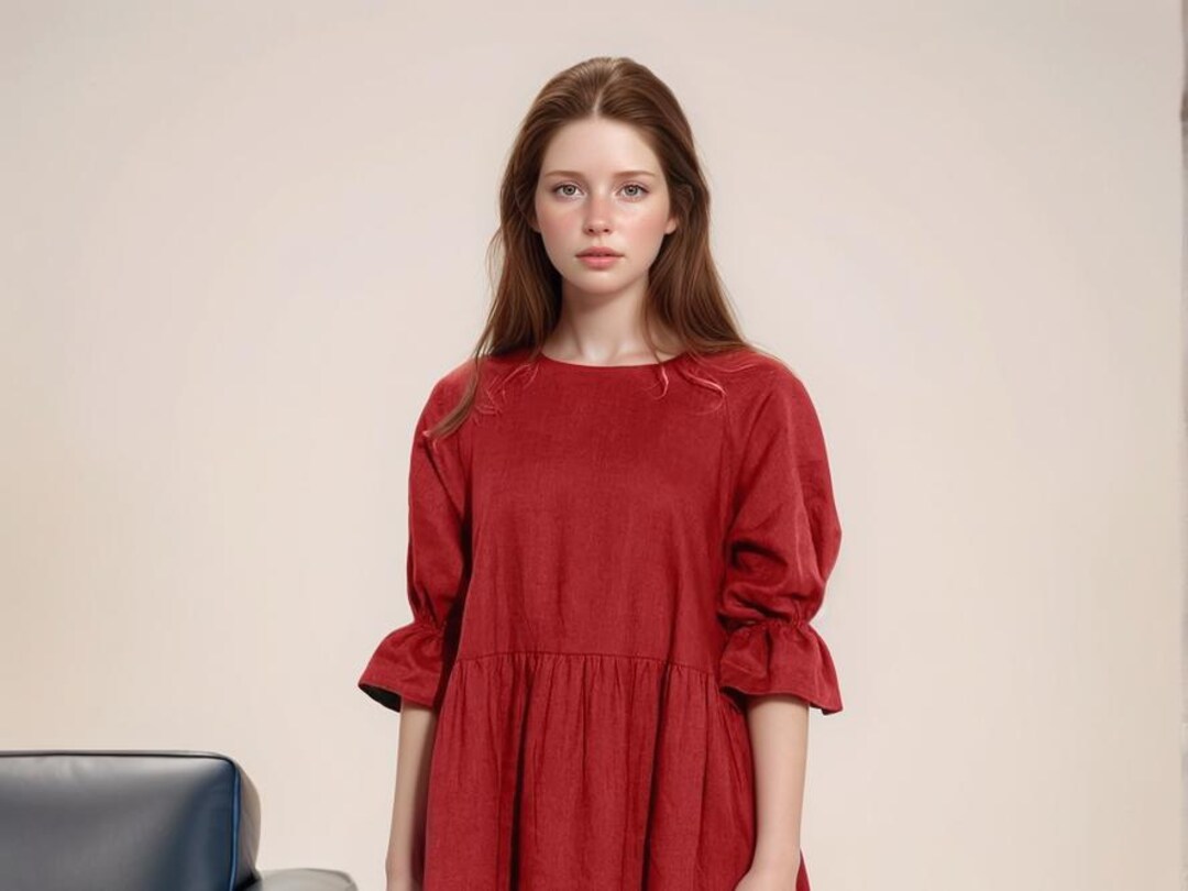 Rust Red Linen Dress – Loose Fit Midi Dress, Long Sleeve Casual Dress ...