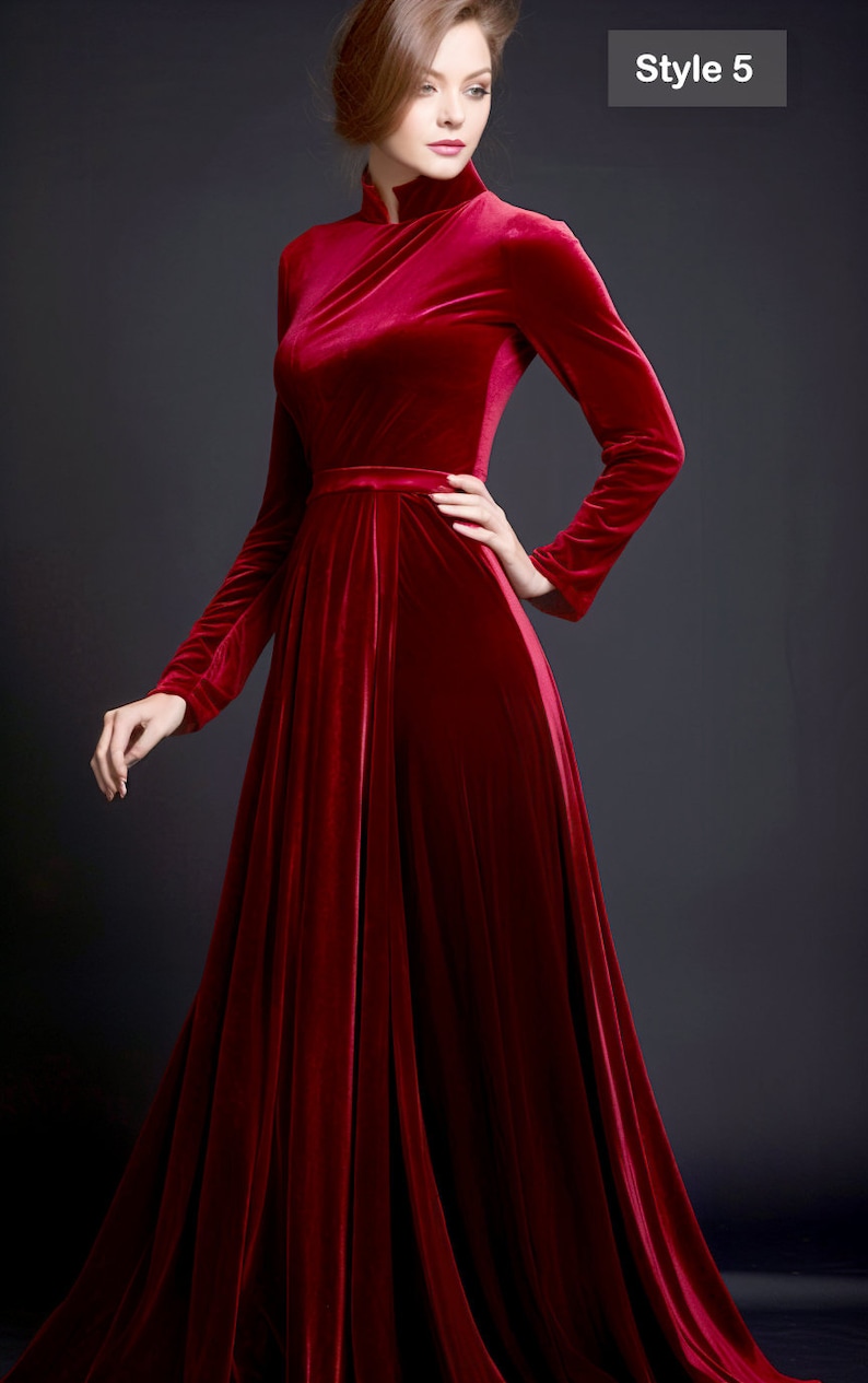 Custom Maroon Velvet Maxi Dress Retro Glam Bridesmaid Gown and Refined ...