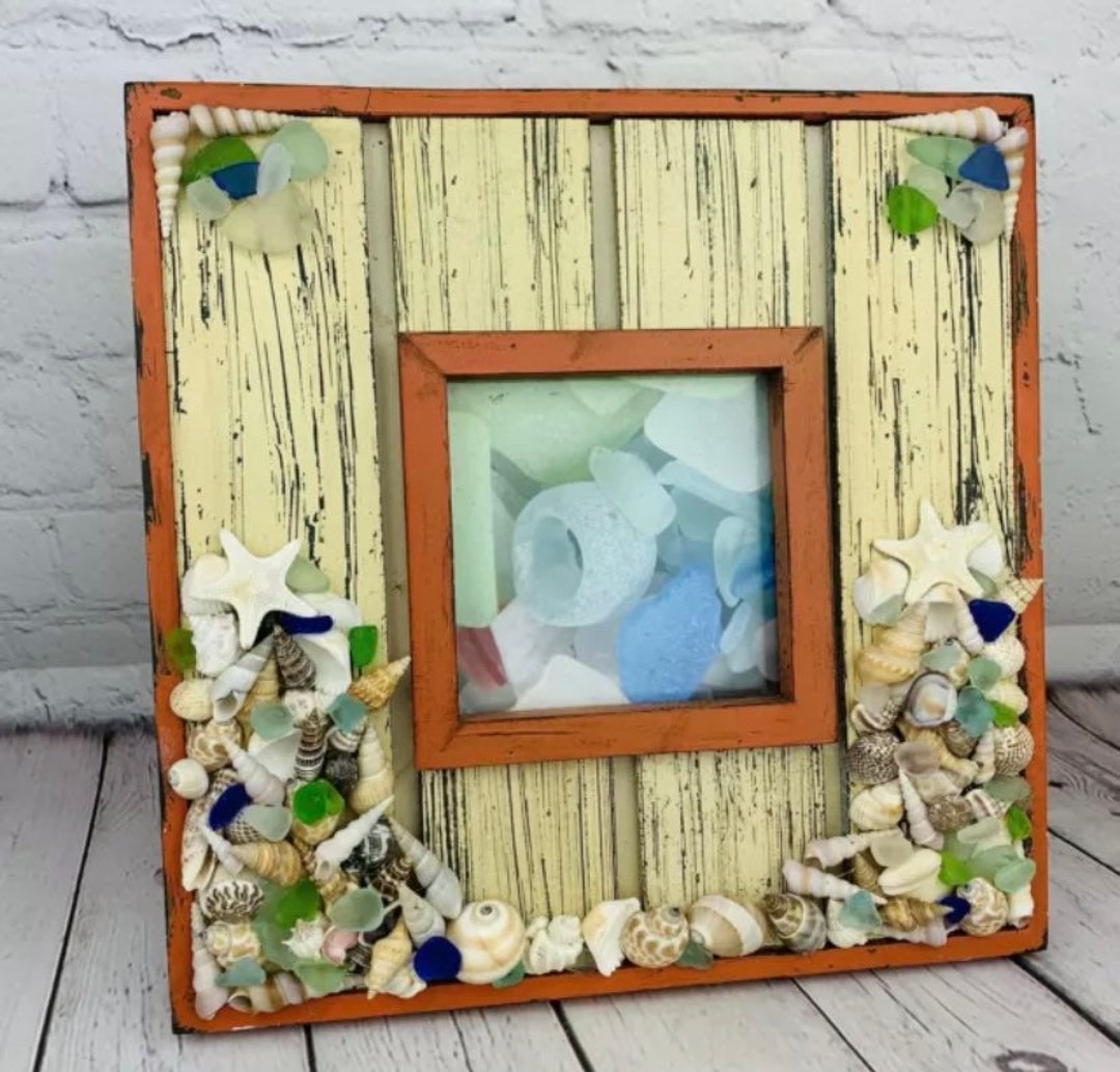 Handmade Sea Glass Picture Frame, Seashell Accents, Rustic Beach Decor ...