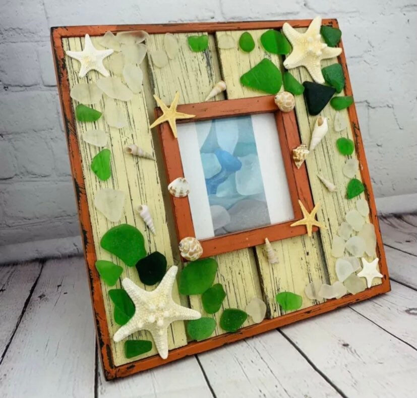 Handmade NATURAL Sea Glass & Sea Shell Lined Picture Frame 10 by 10 ...