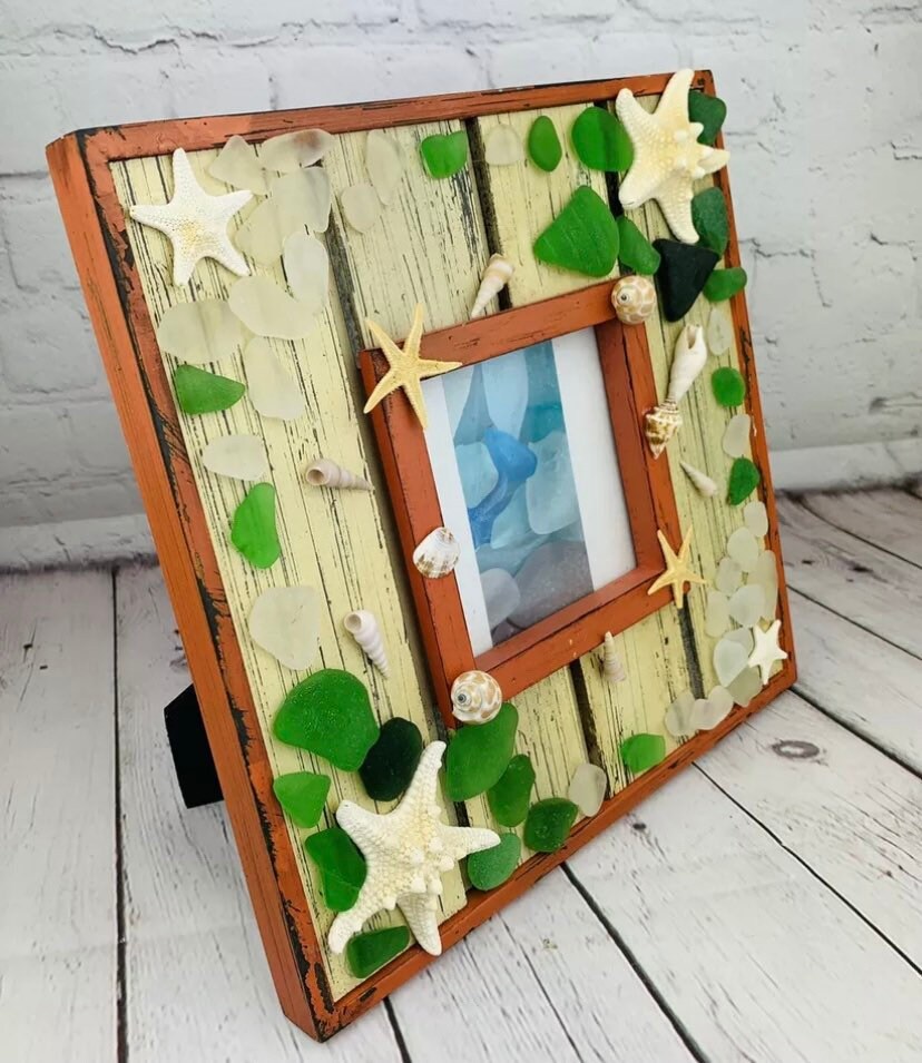 Handmade NATURAL Sea Glass & Sea Shell Lined Picture Frame 10 by 10 ...