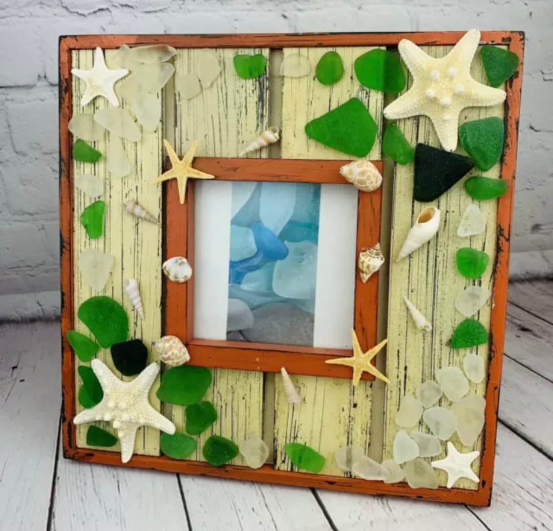 Handmade NATURAL Sea Glass & Sea Shell Lined Picture Frame! 10" by 10 ...