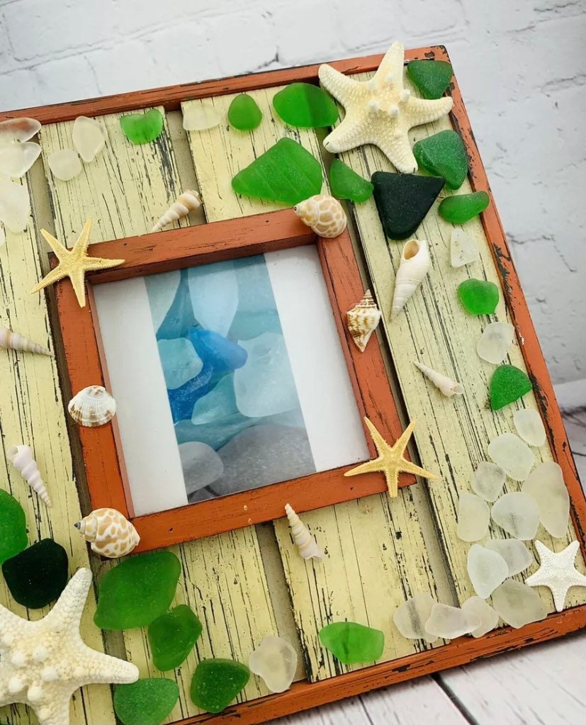 Handmade NATURAL Sea Glass & Sea Shell Lined Picture Frame 10 by 10 ...