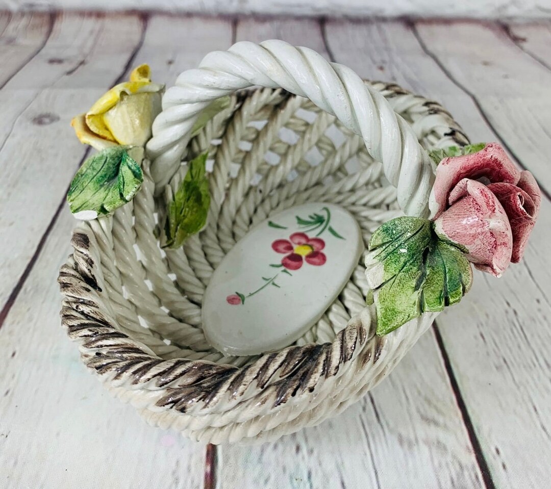 VINTAGE Capodimonte Porcelain Small Flower Basket With Color Roses Made ...