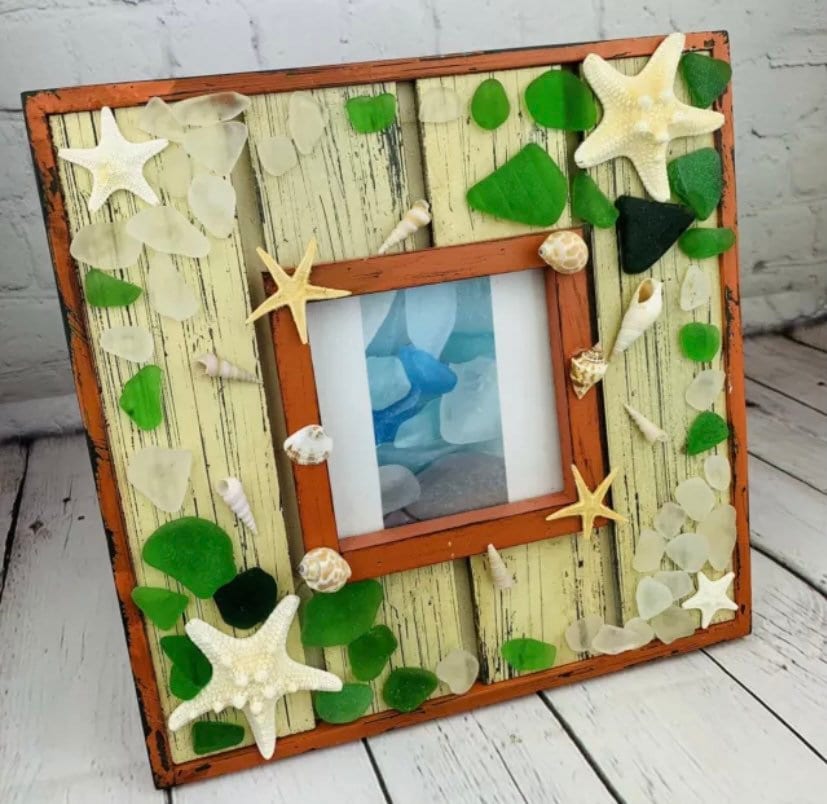 Handmade NATURAL Sea Glass & Sea Shell Lined Picture Frame 10 by 10 ...