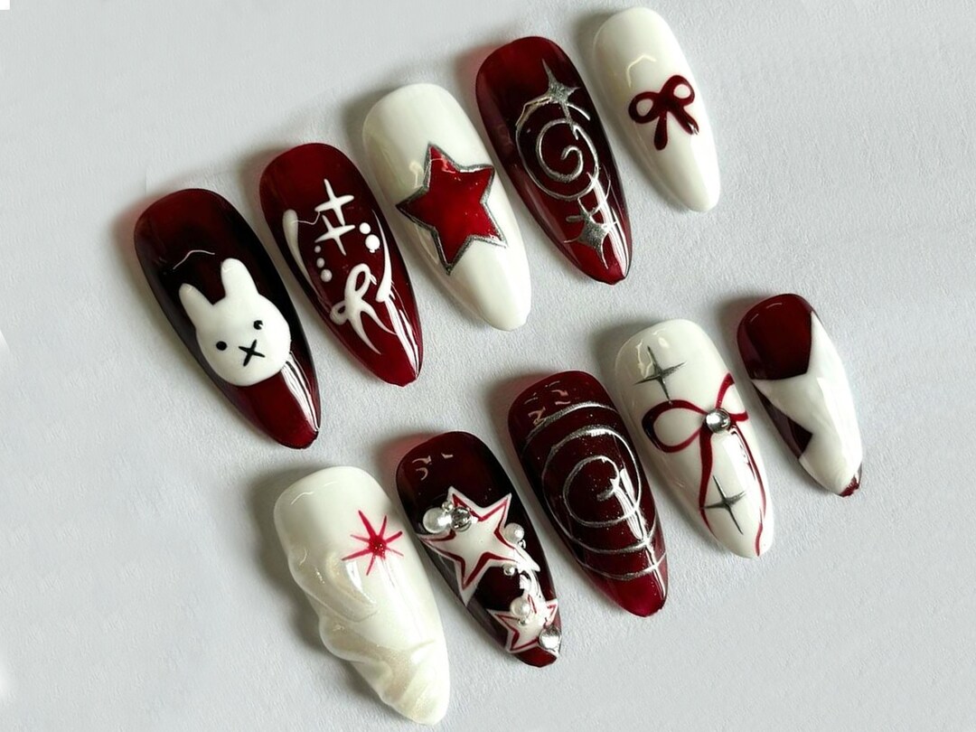Y2k Nail Set With Elegant Motifs Y2k-inspired Press on Nails Red and ...