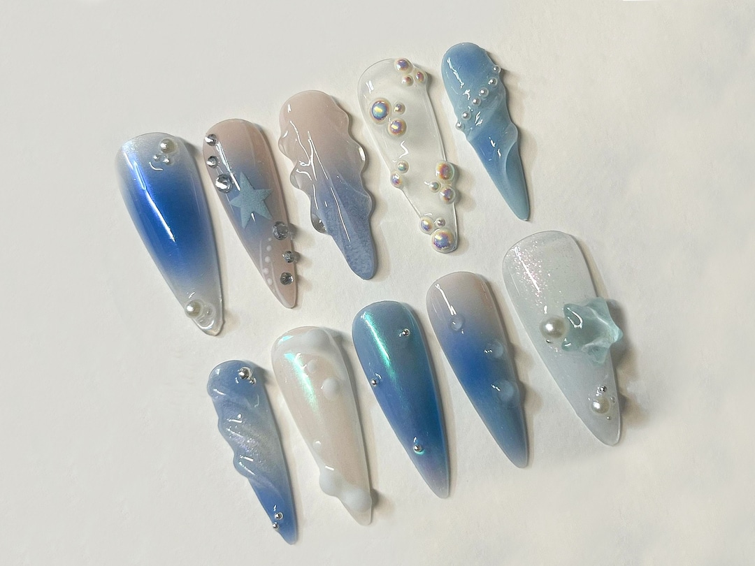 Ocean Inspired Style Nail Set : Perfect Fusion of Blue and - Etsy