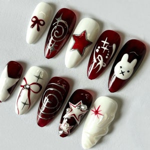 Y2k Nail Set With Elegant Motifs Y2k-inspired Press on Nails Red and ...