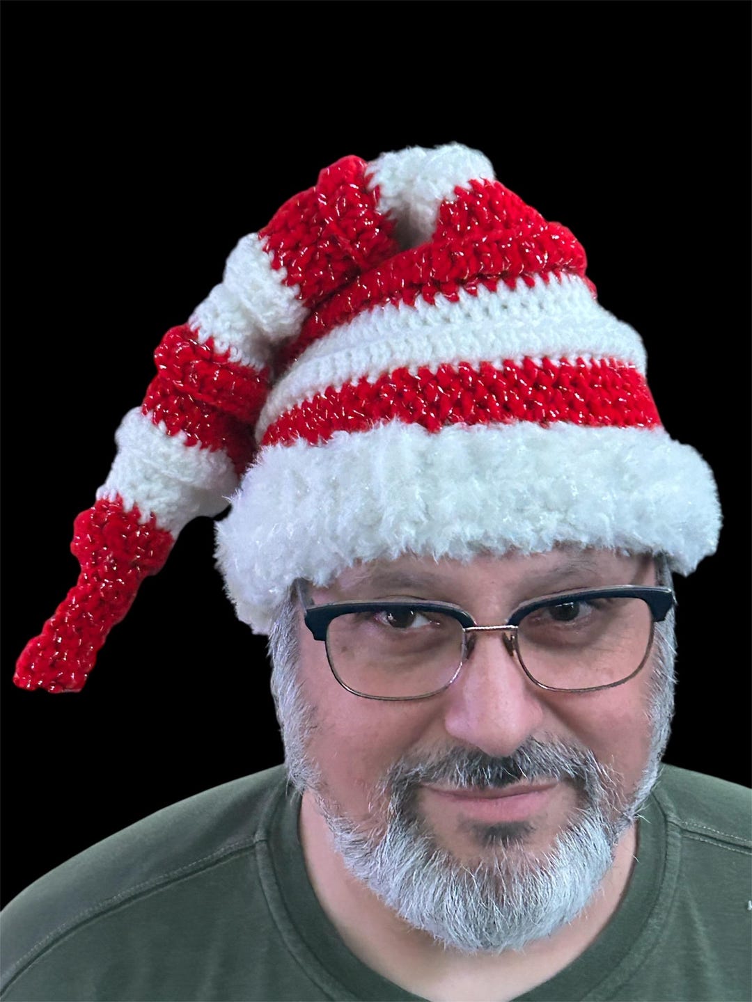 Crochet Candy Cane Santa Hat: Sparkle Red, Faux Fur Trim, Removable Pom ...
