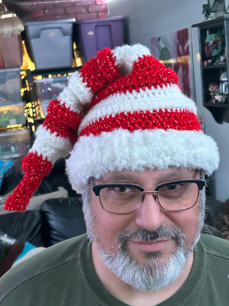 Crochet Candy Cane Santa Hat: Sparkle Red, Faux Fur Trim, Removable Pom ...