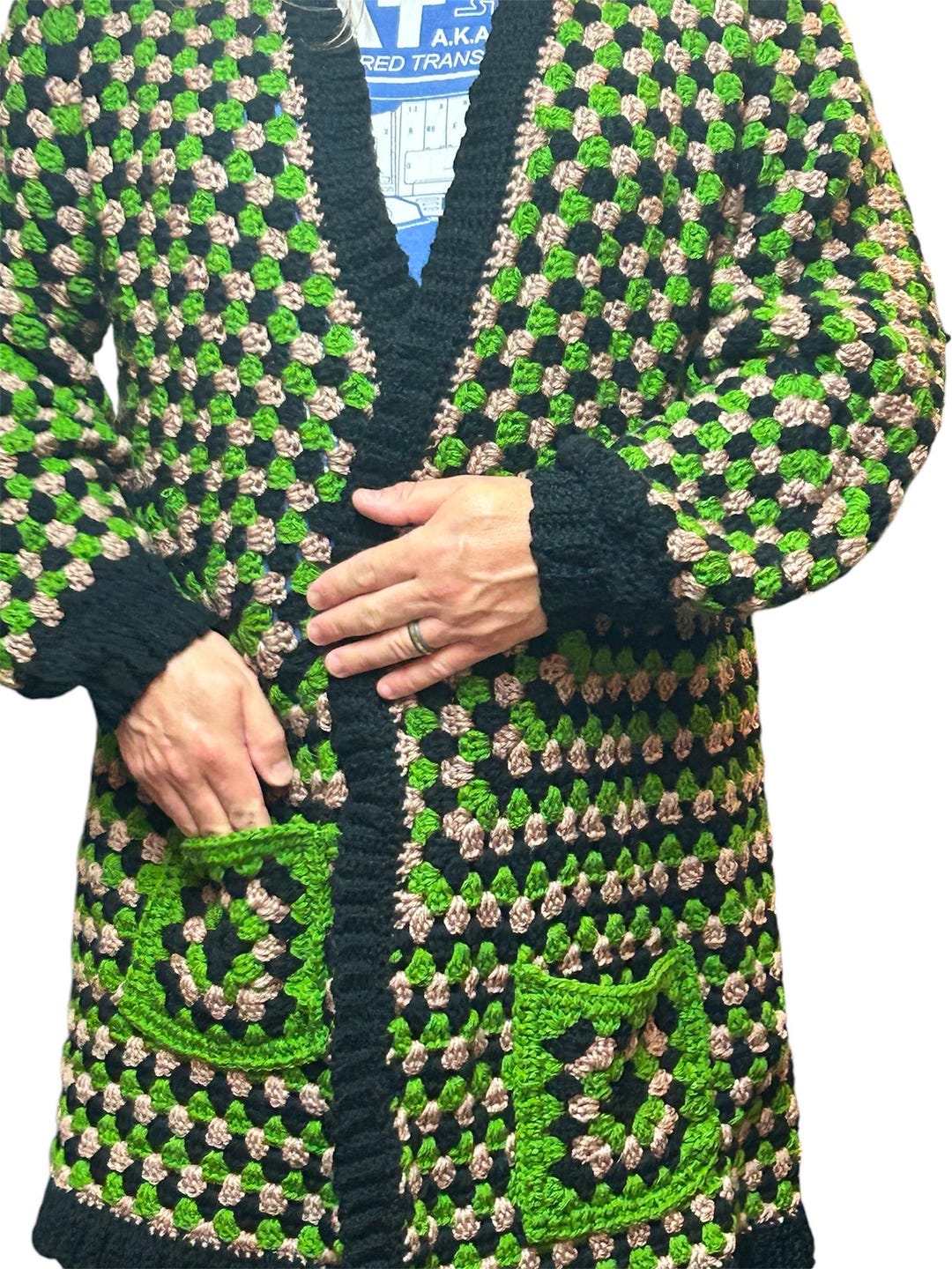 Hand Crochet Long Hexagon Cardigan, Unisex Plus Size XXL XXXL, Green ...
