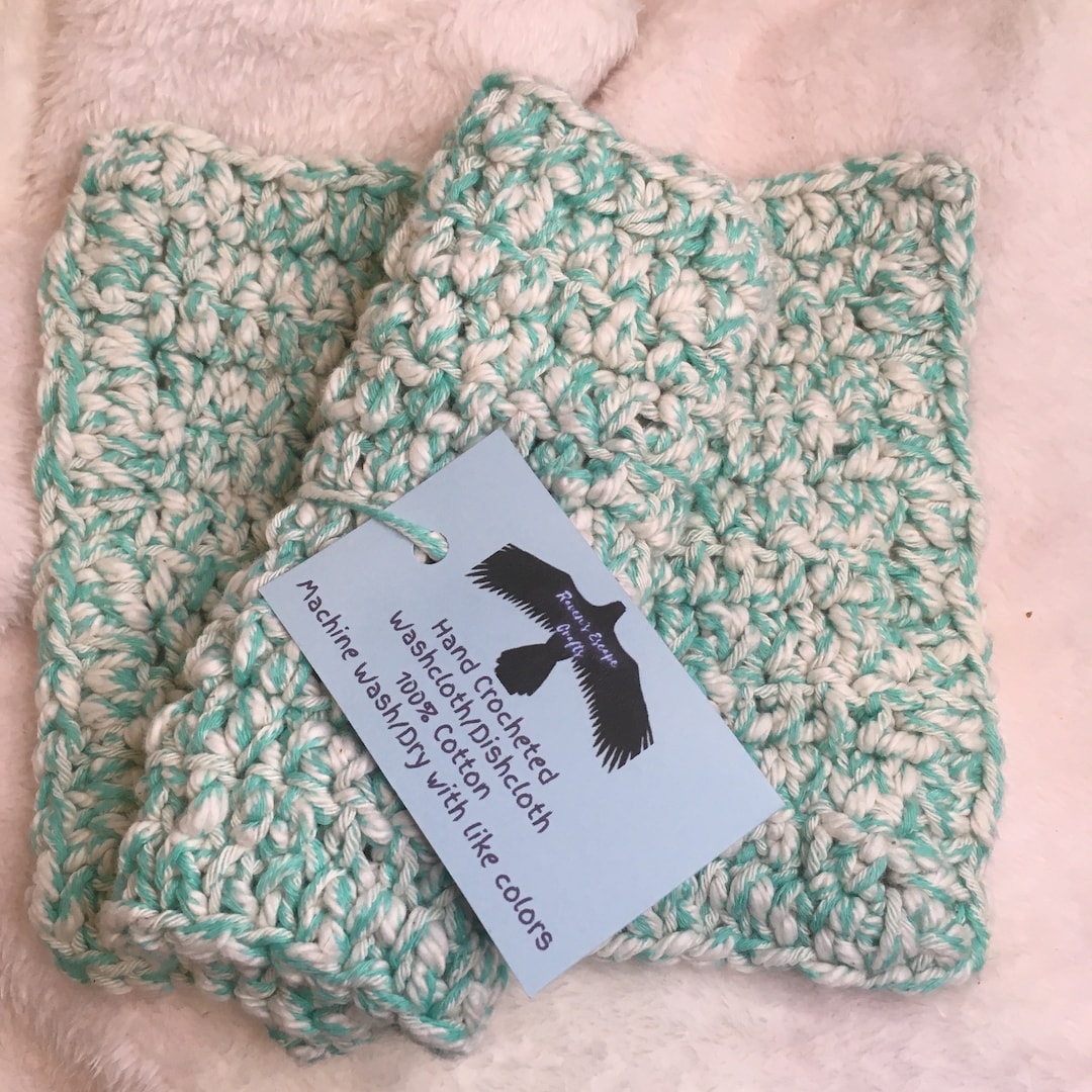 Hand Crochet Cotton Washcloth, Reusable Cleaning Cloth, Aqua Blue White ...