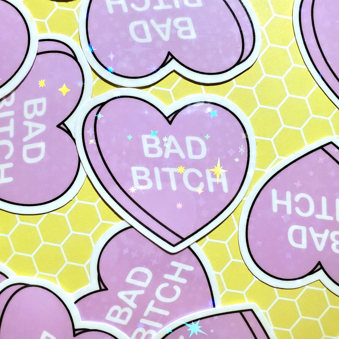 Bad Bitch Lavender Weatherproof Holographic Heart Sticker, Cute Heart ...