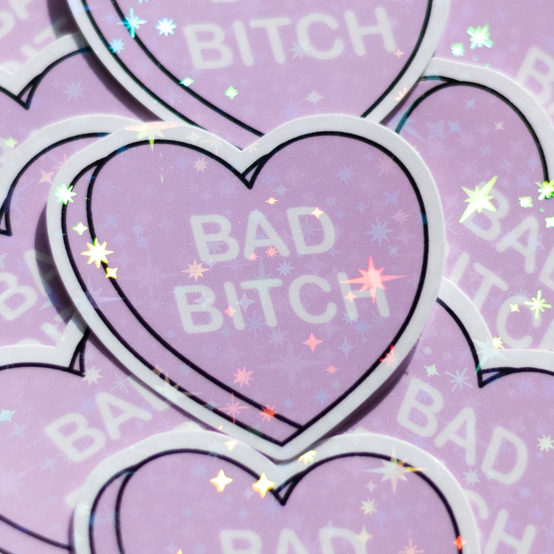 Bad Bitch Lavender Weatherproof Holographic Heart Sticker, Cute Heart ...