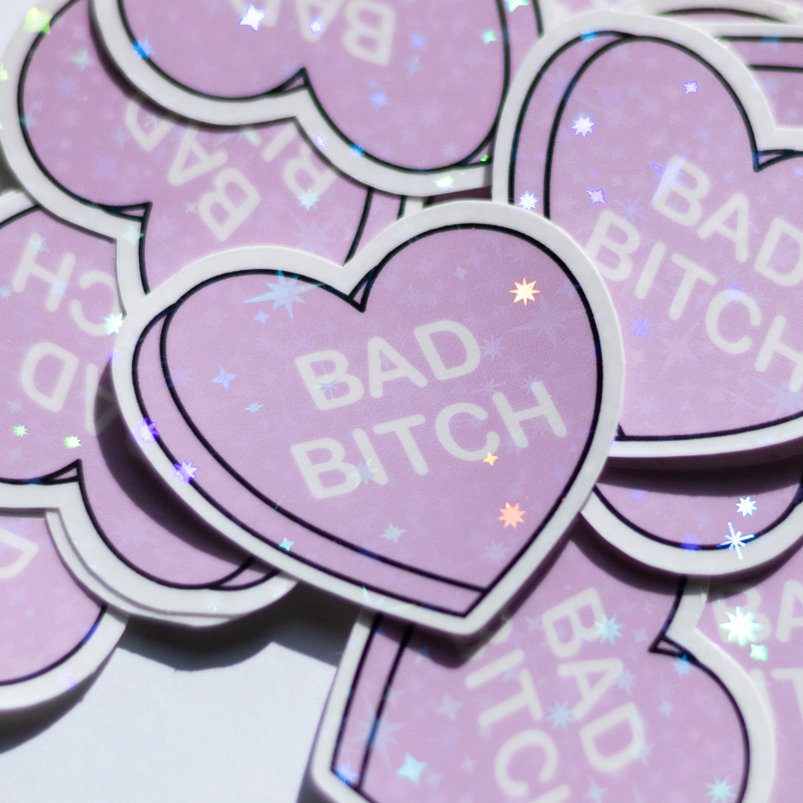 Bad Bitch Lavender Weatherproof Holographic Heart Sticker, Cute Heart ...