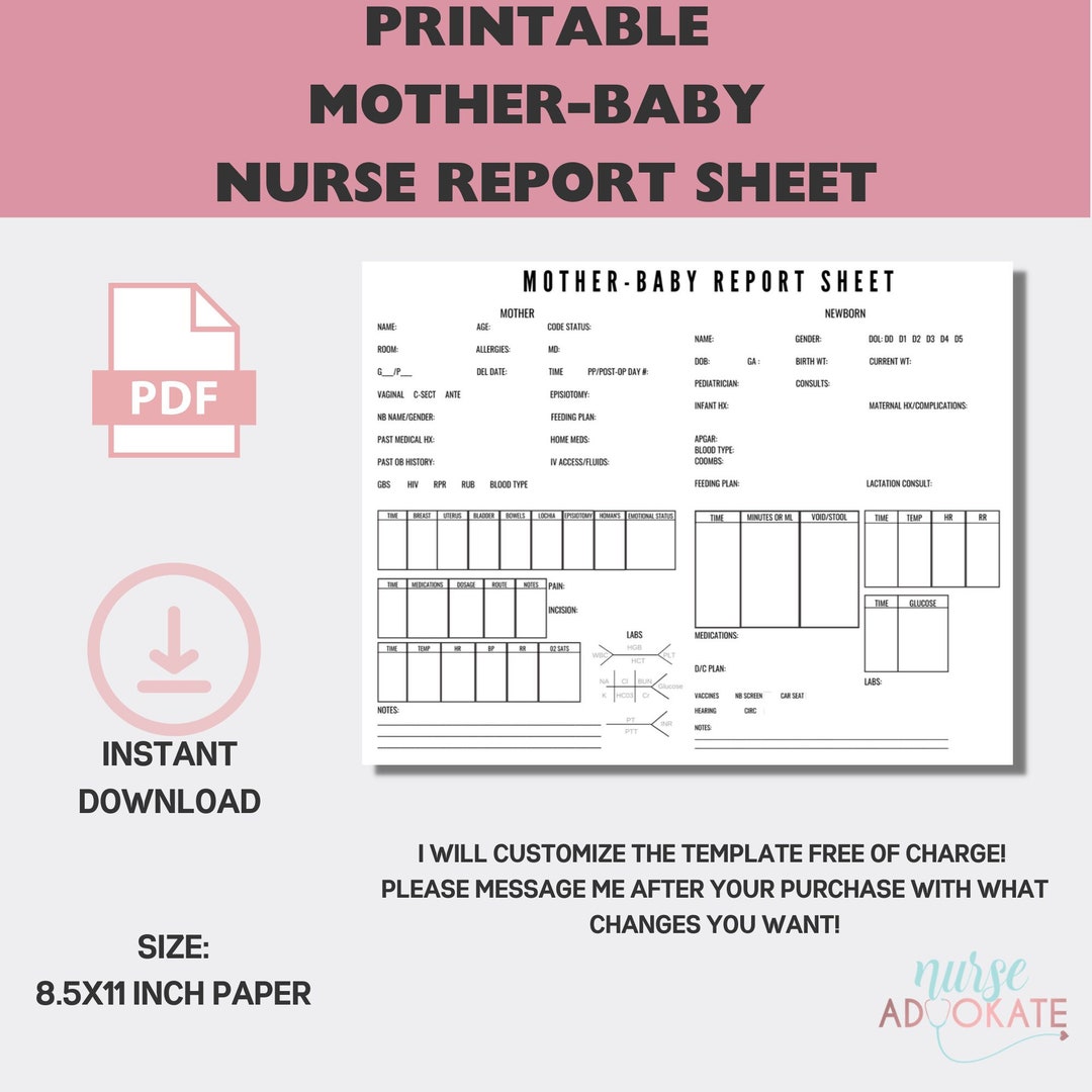 Mother-Baby RN Report Sheet template. SBAR Handoff. Full patient ...