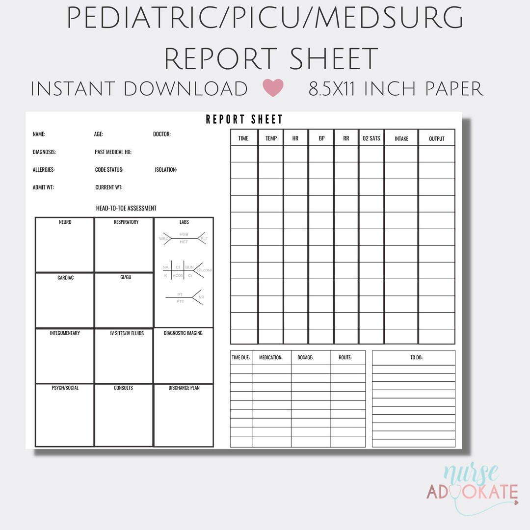 Pediatric and PICU Nurse Brain and Report Sheet Template. - Etsy