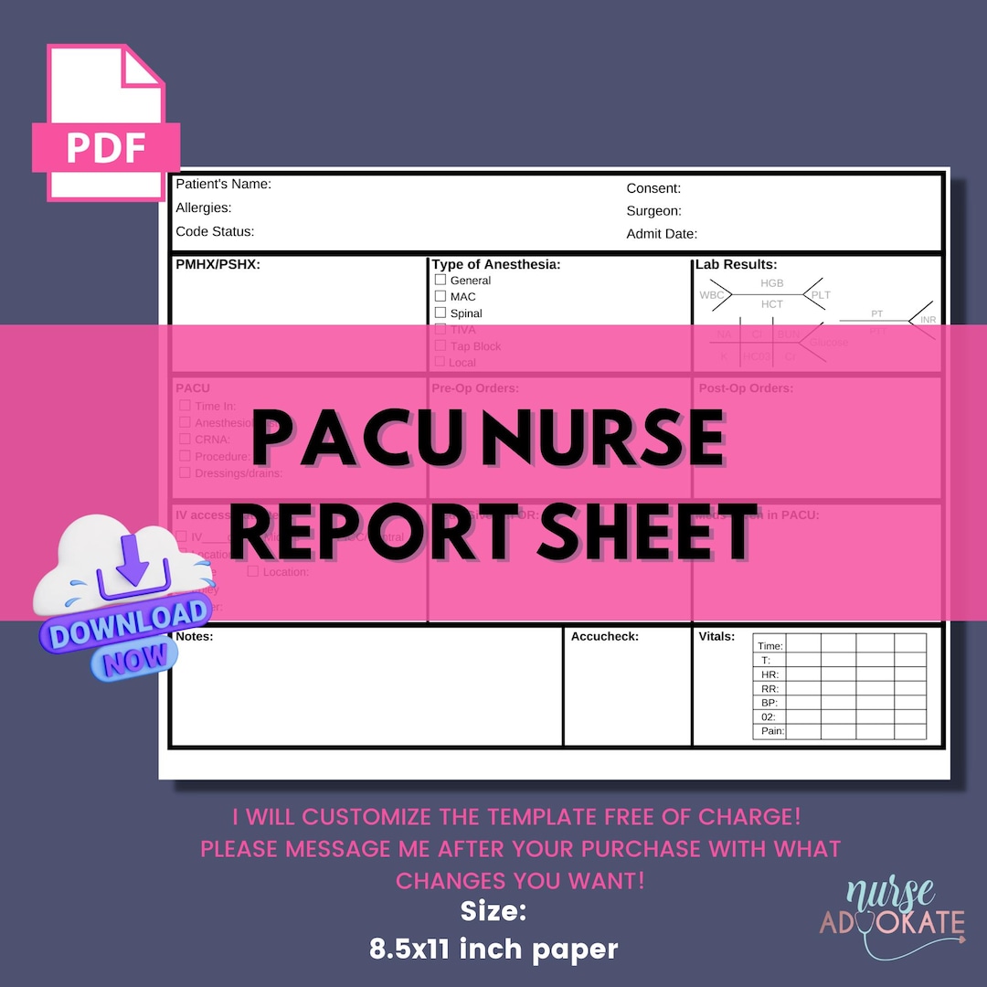 PACU Nurse Single Patient Report Sheet Template. SBAR Nurse Handoff ...