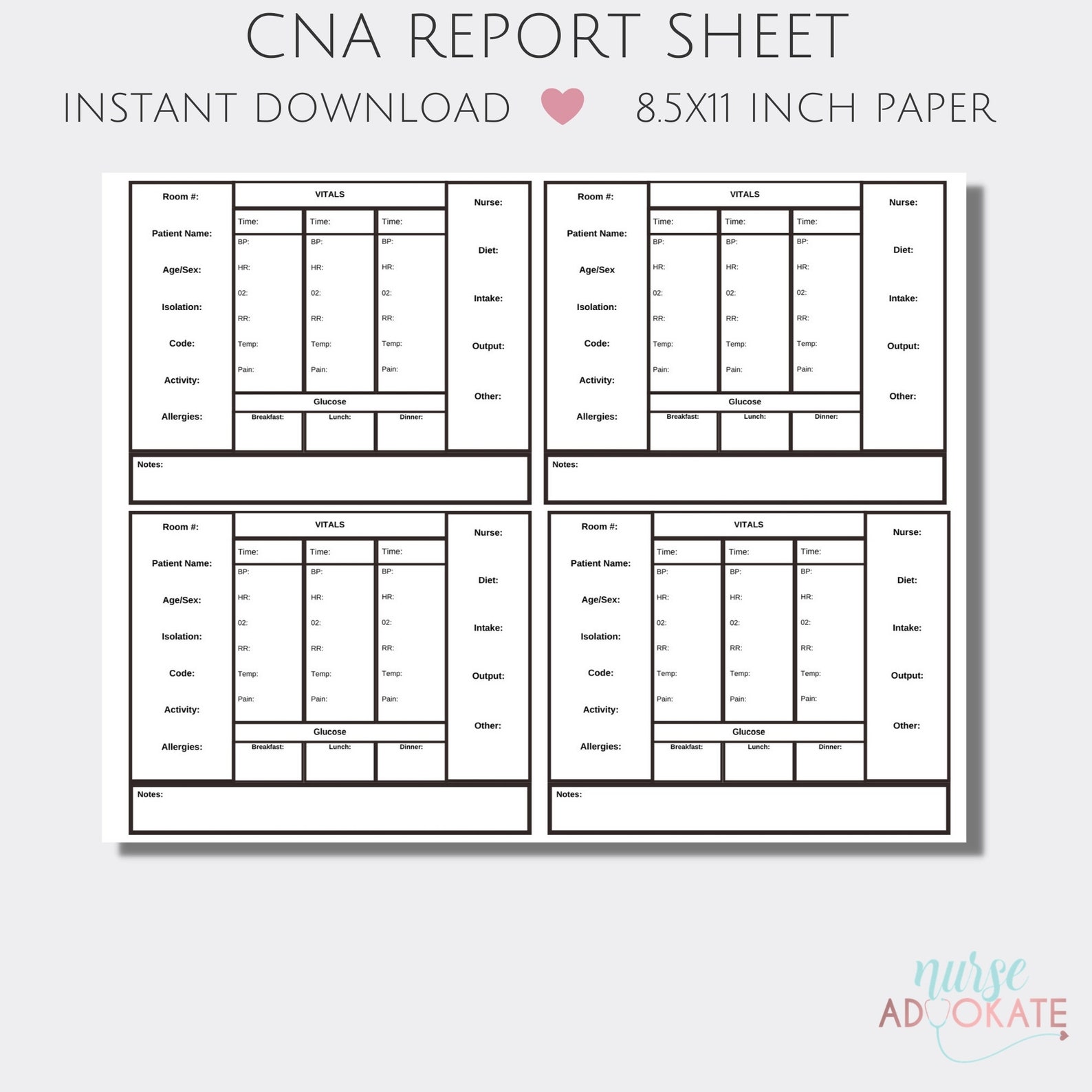 CNA PCA PCT 4 patient Report sheet. Med Surg certified | Etsy