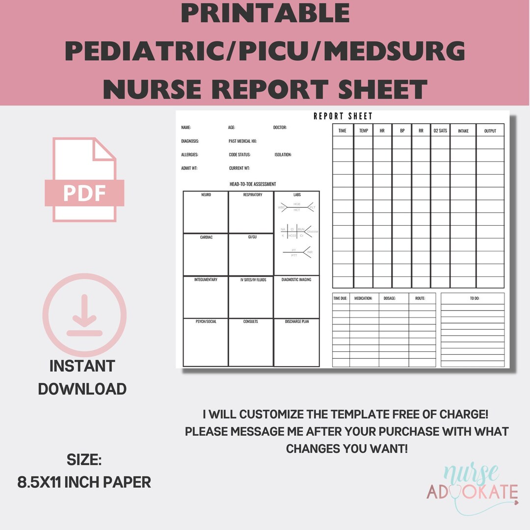 Pediatric and PICU Nurse Brain and Report Sheet template. Single or 2 ...