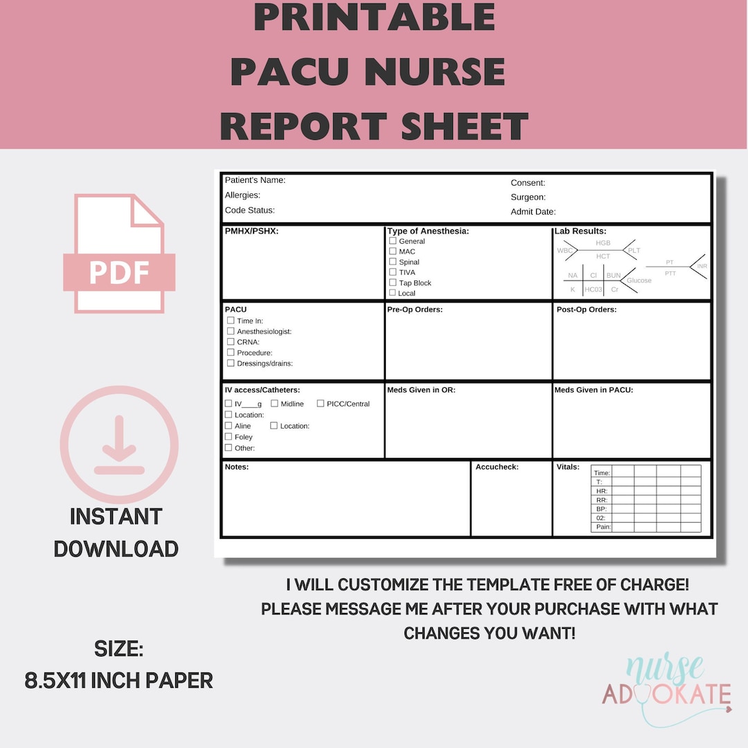 PACU Nurse Single Patient Report Sheet Template. SBAR Nurse Handoff ...