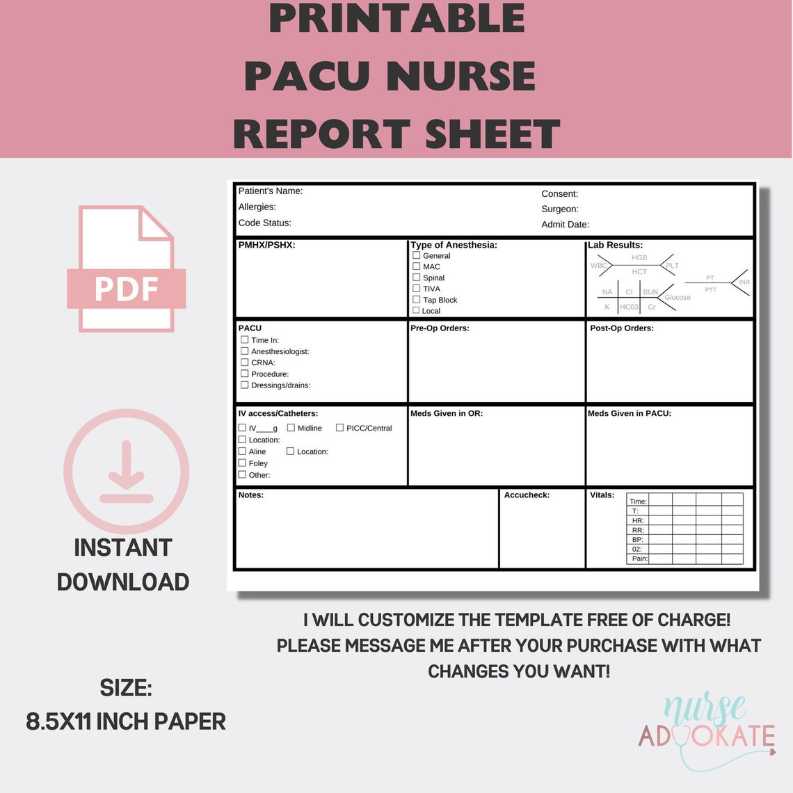 PACU Nurse Single Patient Report Sheet Template. SBAR Nurse Handoff ...