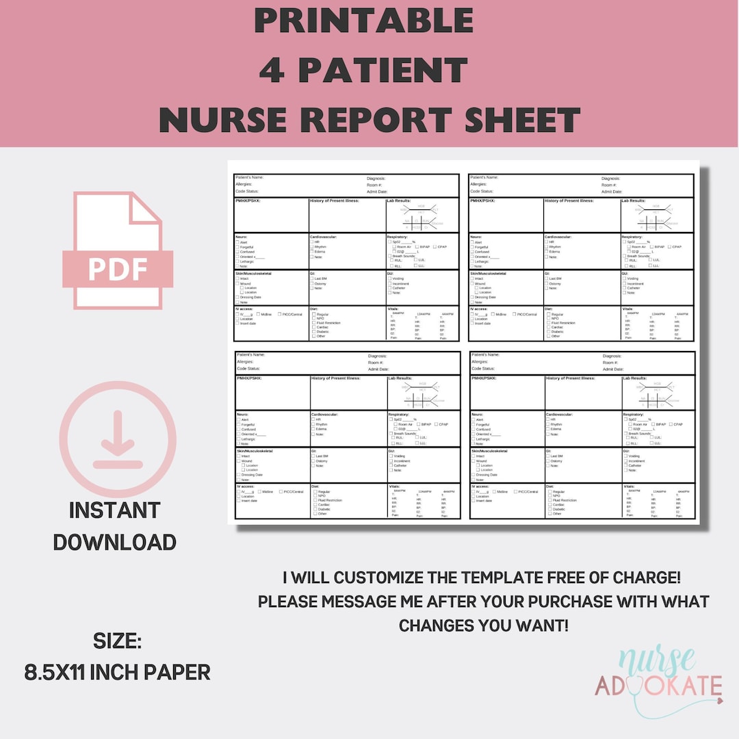 4-patient Medsurg Nurse Report Sheet Template SBAR Handoff Nurse Brain ...
