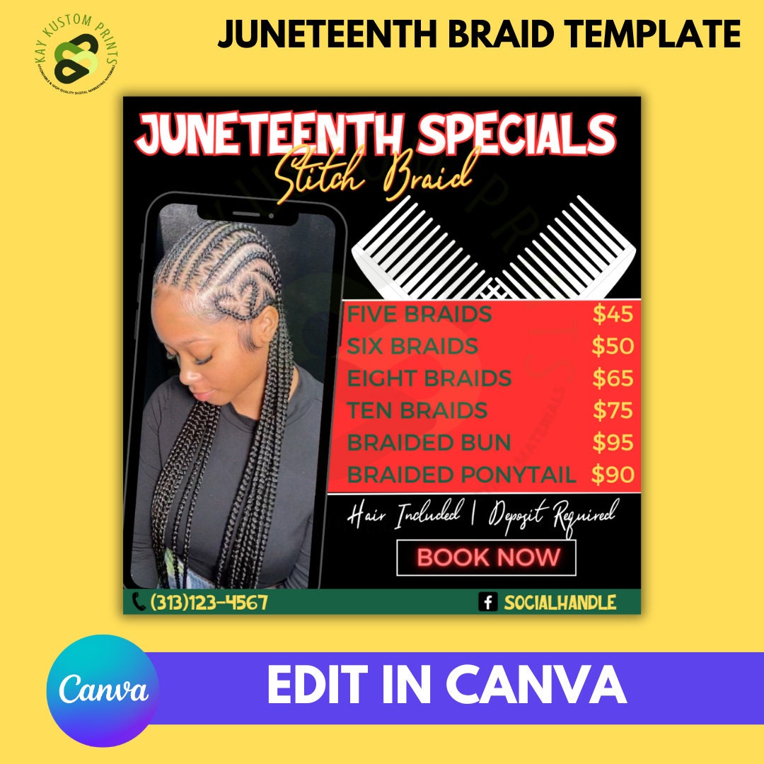 Juneteenth Knotless Braid Flyer| Editable Flyer| Instagram Flyer| Canva ...