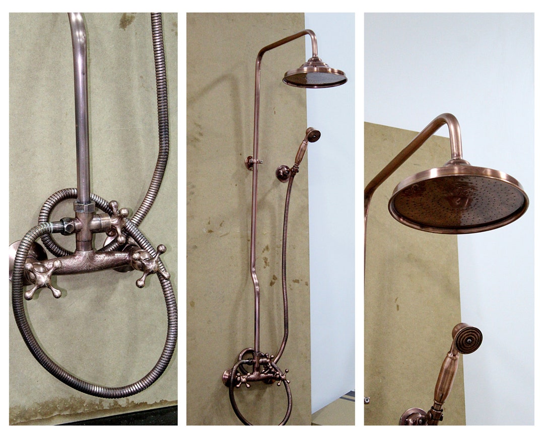 Copper Shower System With Handheld Sprayer, Vintage Rain Showerhead ...