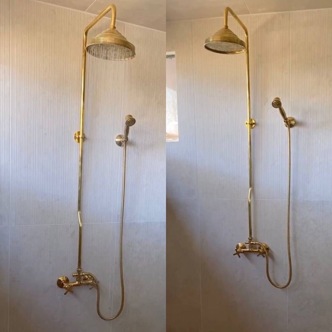 Unlacquered Solid Brass Shower System With Handheld and Vintage Head ...