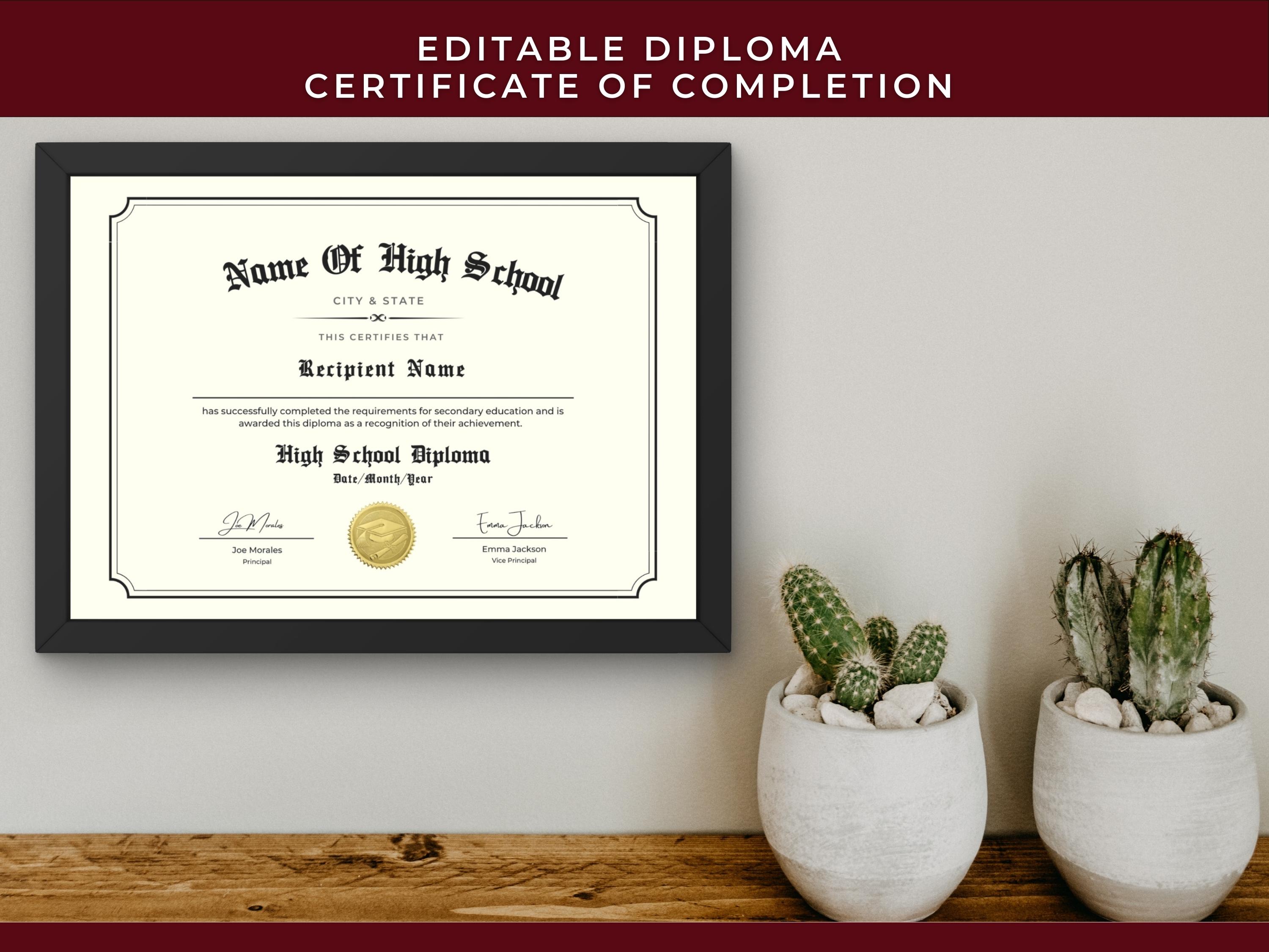 Editable School Diploma Template: Printable Certificate of Completion ...