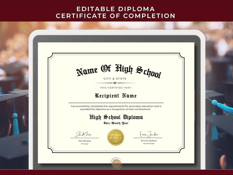 Editable School Diploma Template: Printable Certificate of Completion ...