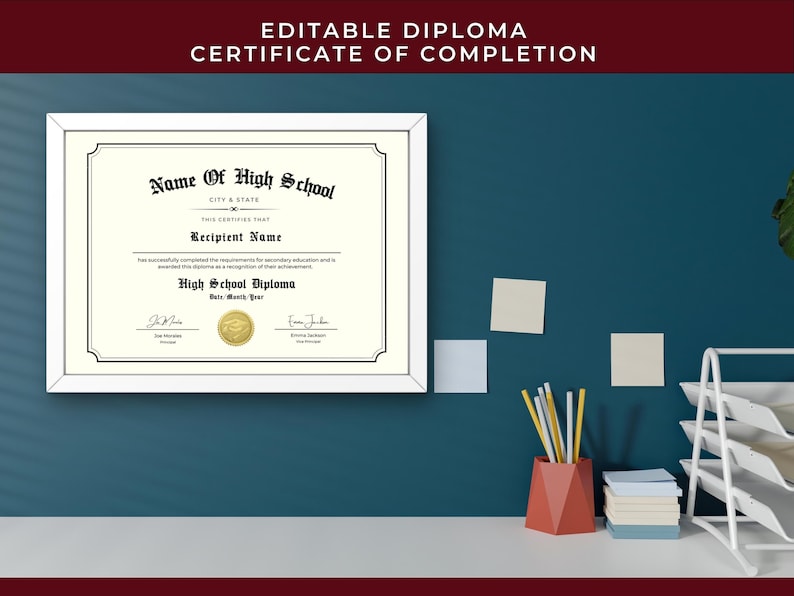 Editable School Diploma Template: Printable Certificate of Completion ...