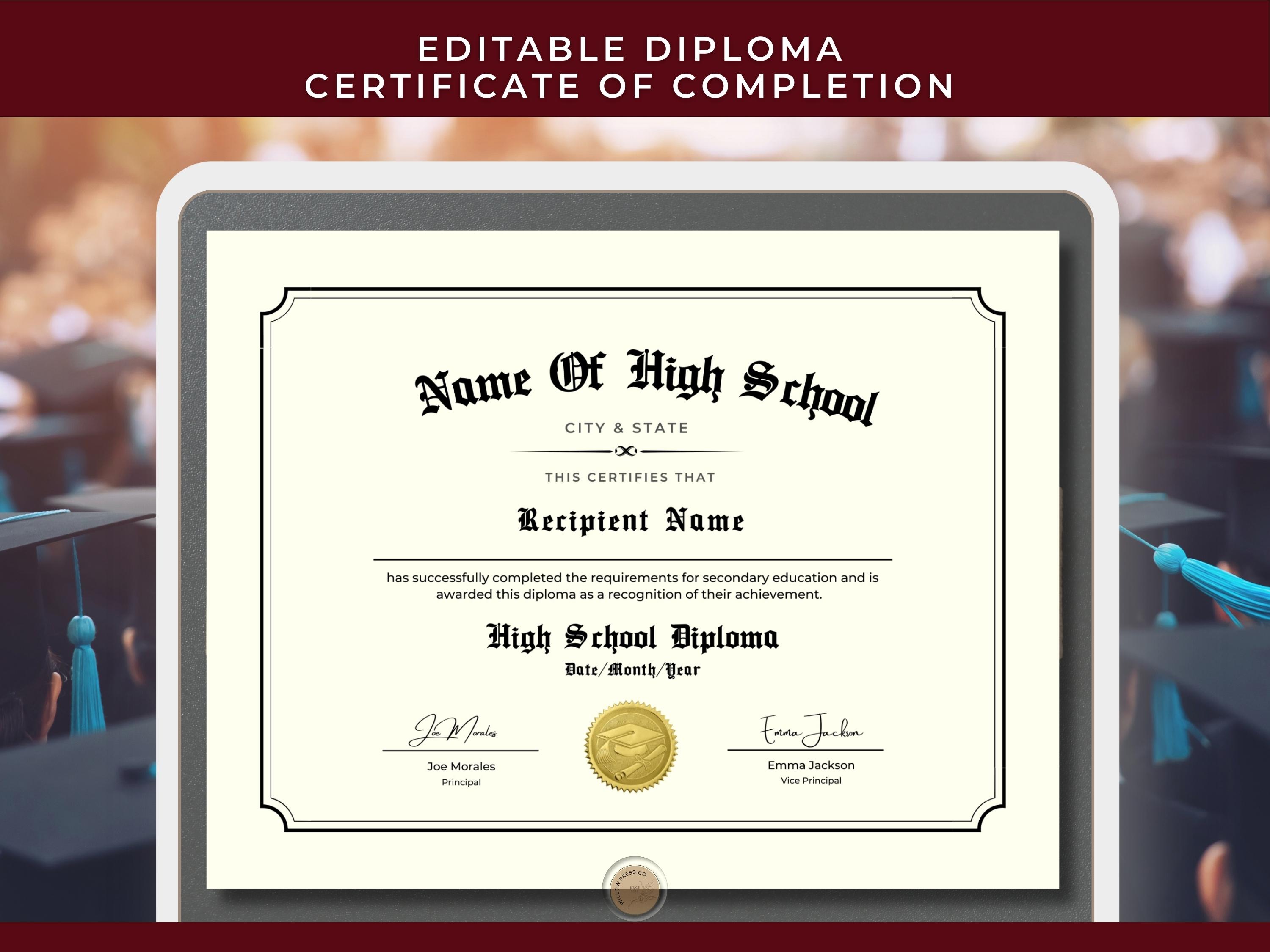Editable School Diploma Template: Printable Certificate of Completion ...