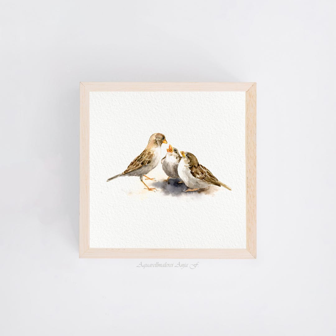 Little Sparrow Family - Miniature Watercolor - Art Print 10 X 10 Cm ...
