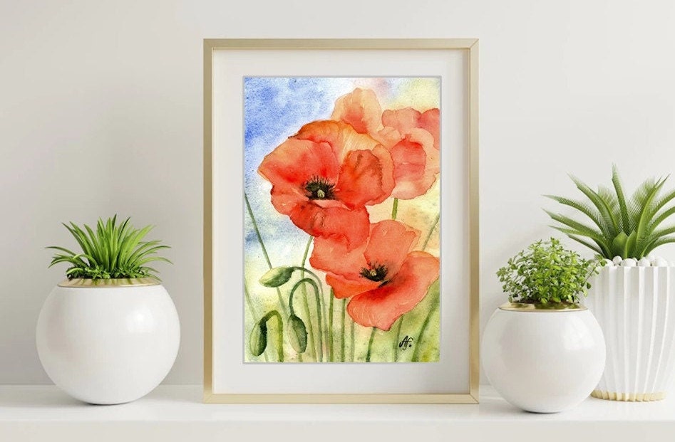 ORIGINAL Aquarell Mohnblumen handgemalt Blumenmalerei botanische Illustration Kunstwerk ...