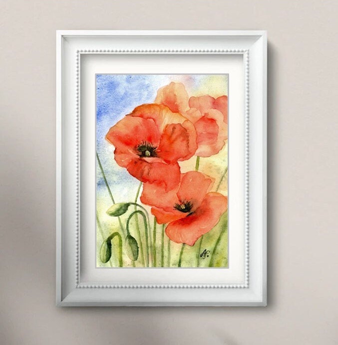ORIGINAL Aquarell Mohnblumen handgemalt Blumenmalerei botanische Illustration Kunstwerk ...