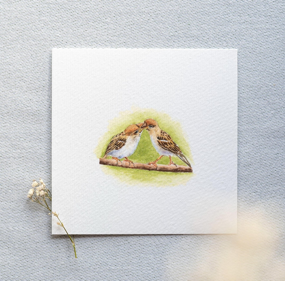 Loving Sparrow Mother - Miniature Watercolor - Art Print 10 X 10 Cm ...